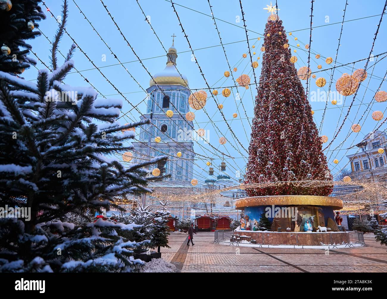 Festive Christmas tree with garlands of the year 2022 and St Sophia ...