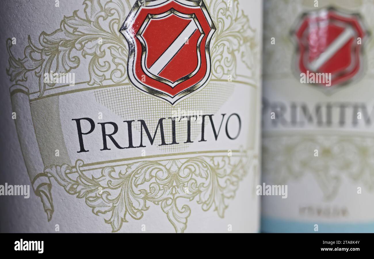 Viersen, Germany - May 9. 2023: Closeup of white wine bottle label, red ...