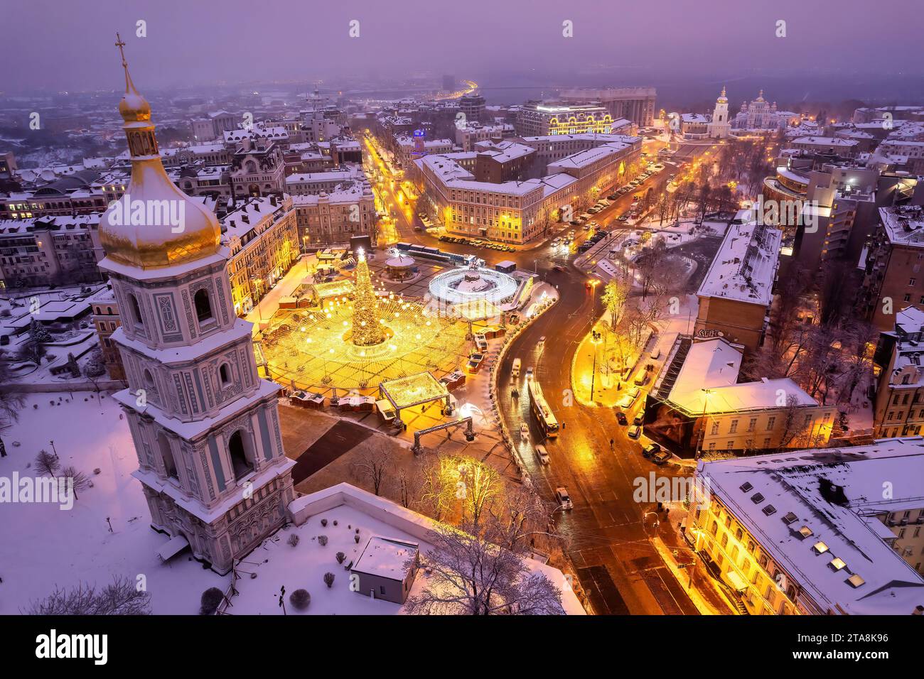 Main Christmas tree of Ukraine lit up in Kyiv Ukraine. Winter evening ...
