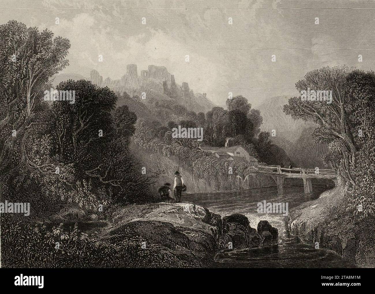View in the vale of Llangollen - Crow castle in the distance Stock ...