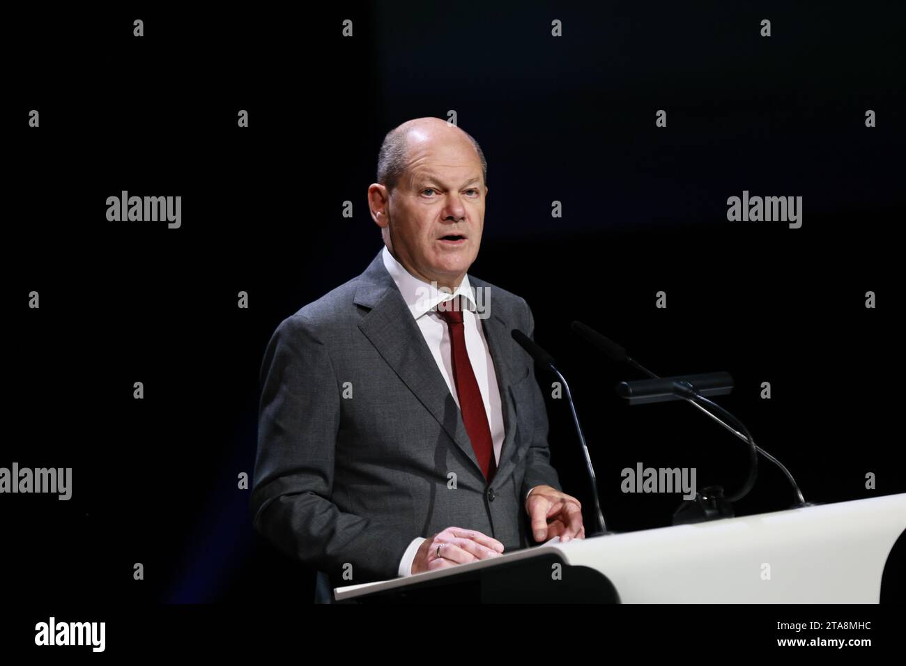 11/29/2023, Berlin, Germany, Chancellor Olaf Scholz (SPD) on stage at ...