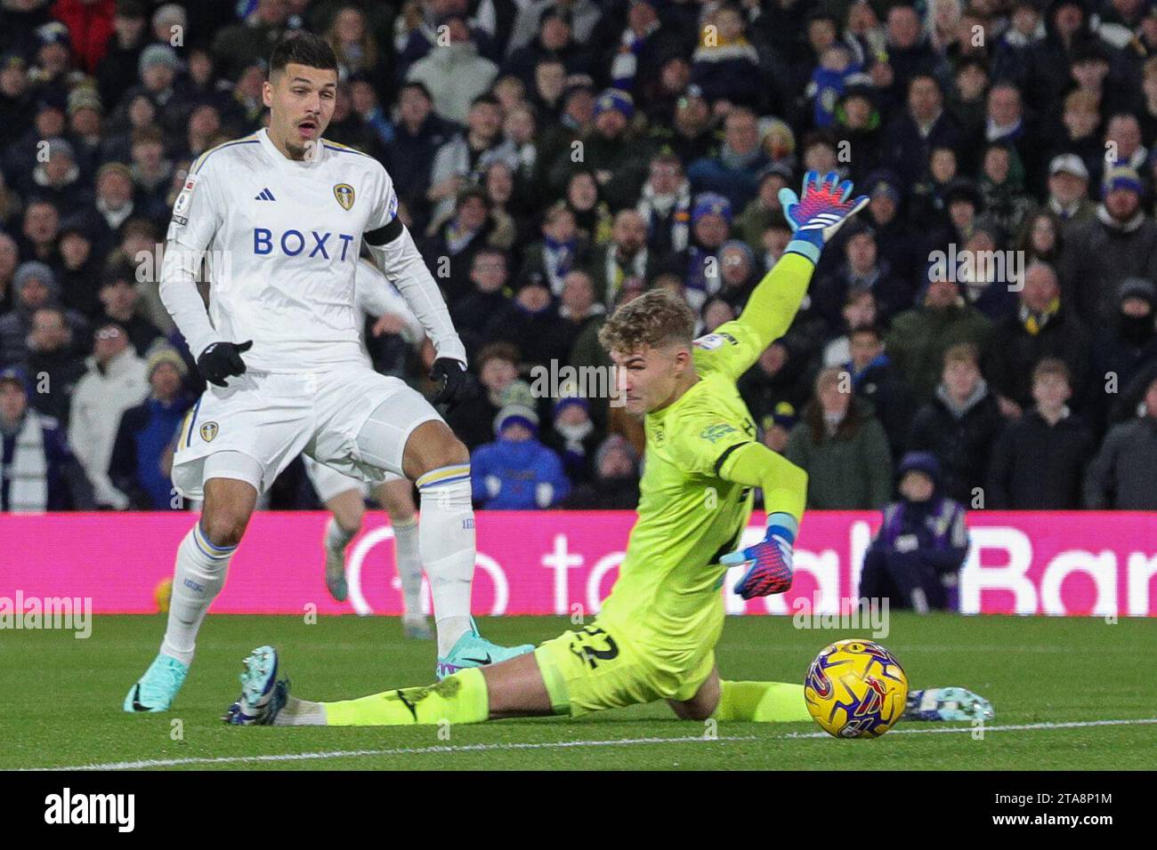 Joël Piroe #7 of Leeds United scores a goal and makes it 1-1 during the ...
