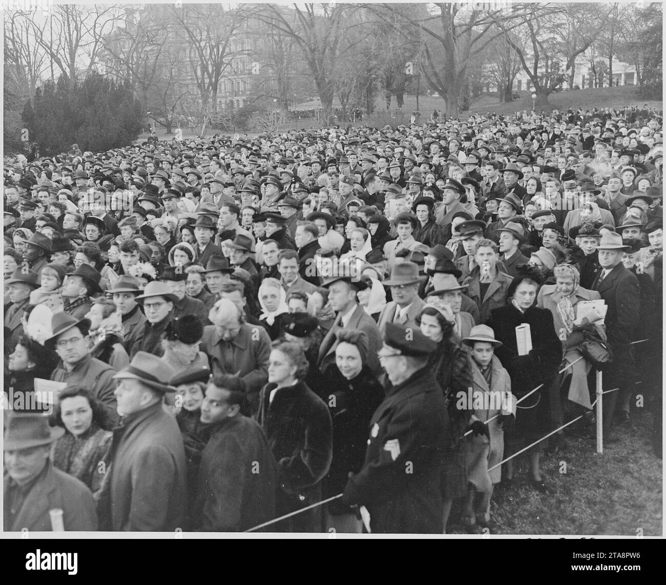 View of crowd at ceremonies for the lighting of the White House ...