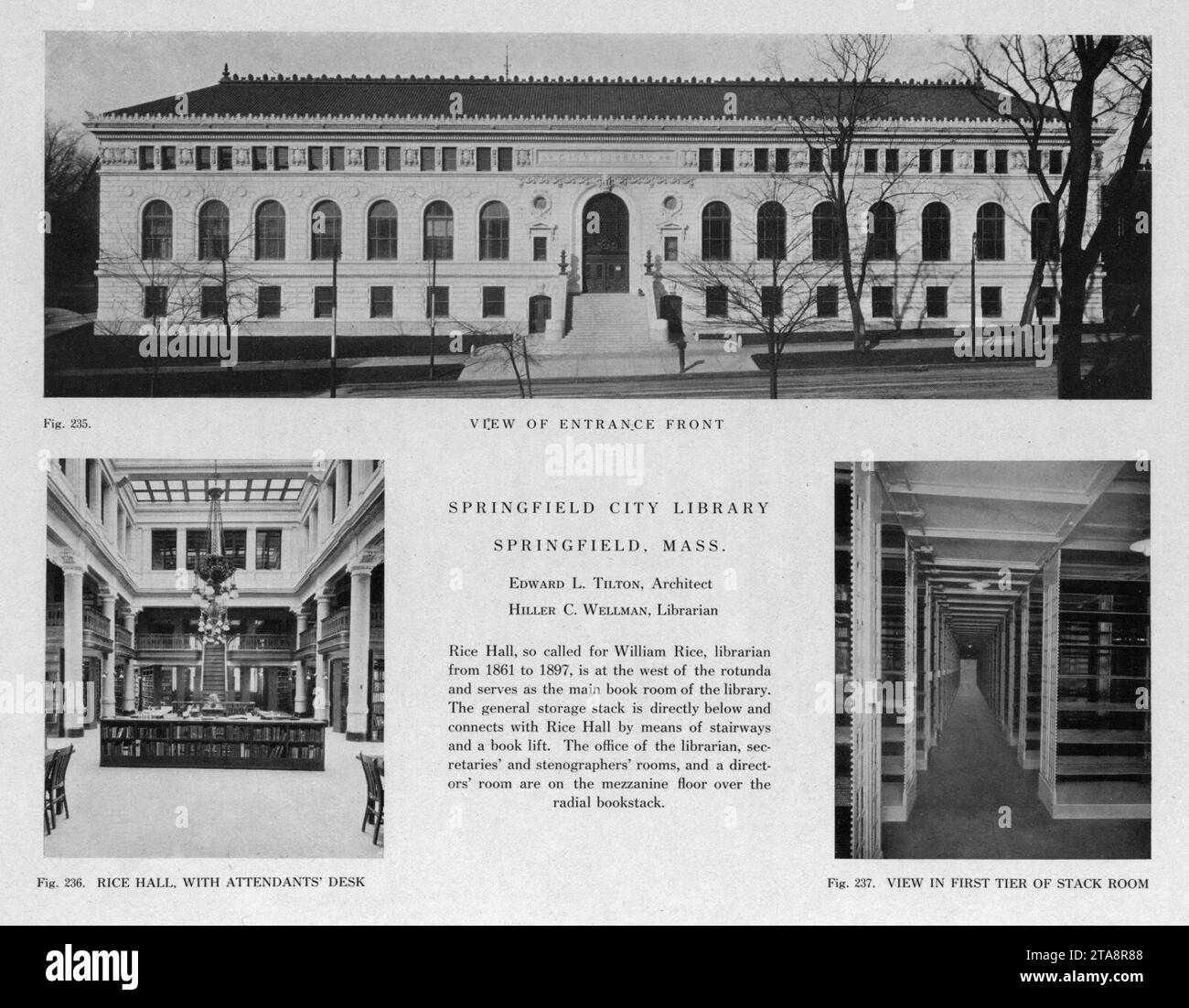 View of entrance front, (fig. 235) ; Rice Hall with attendants' desk ...
