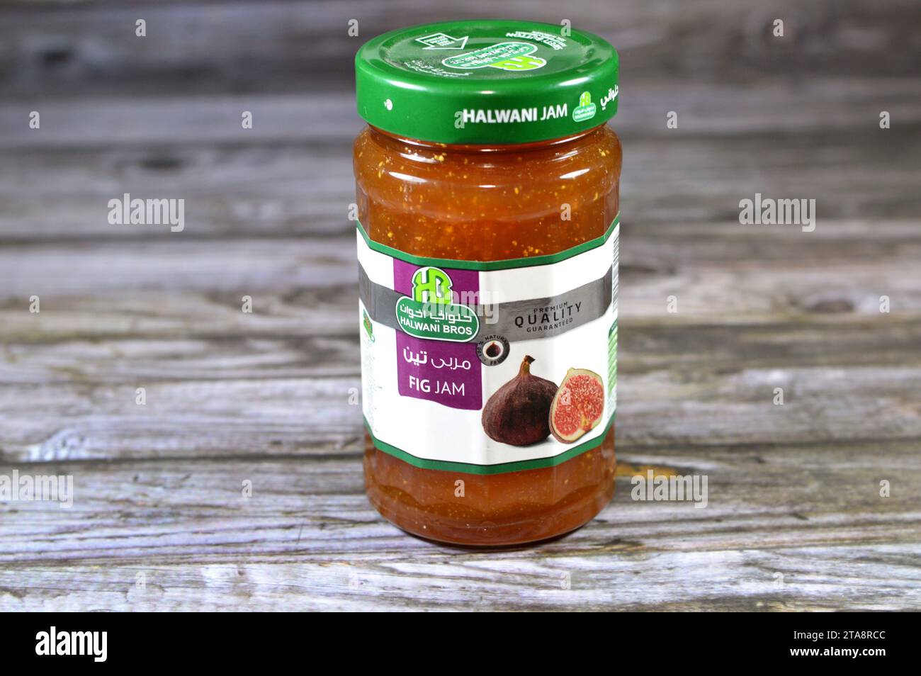 Cairo, Egypt, November 12 2023: Halwani Bros fig jam Haalwani bottle ...