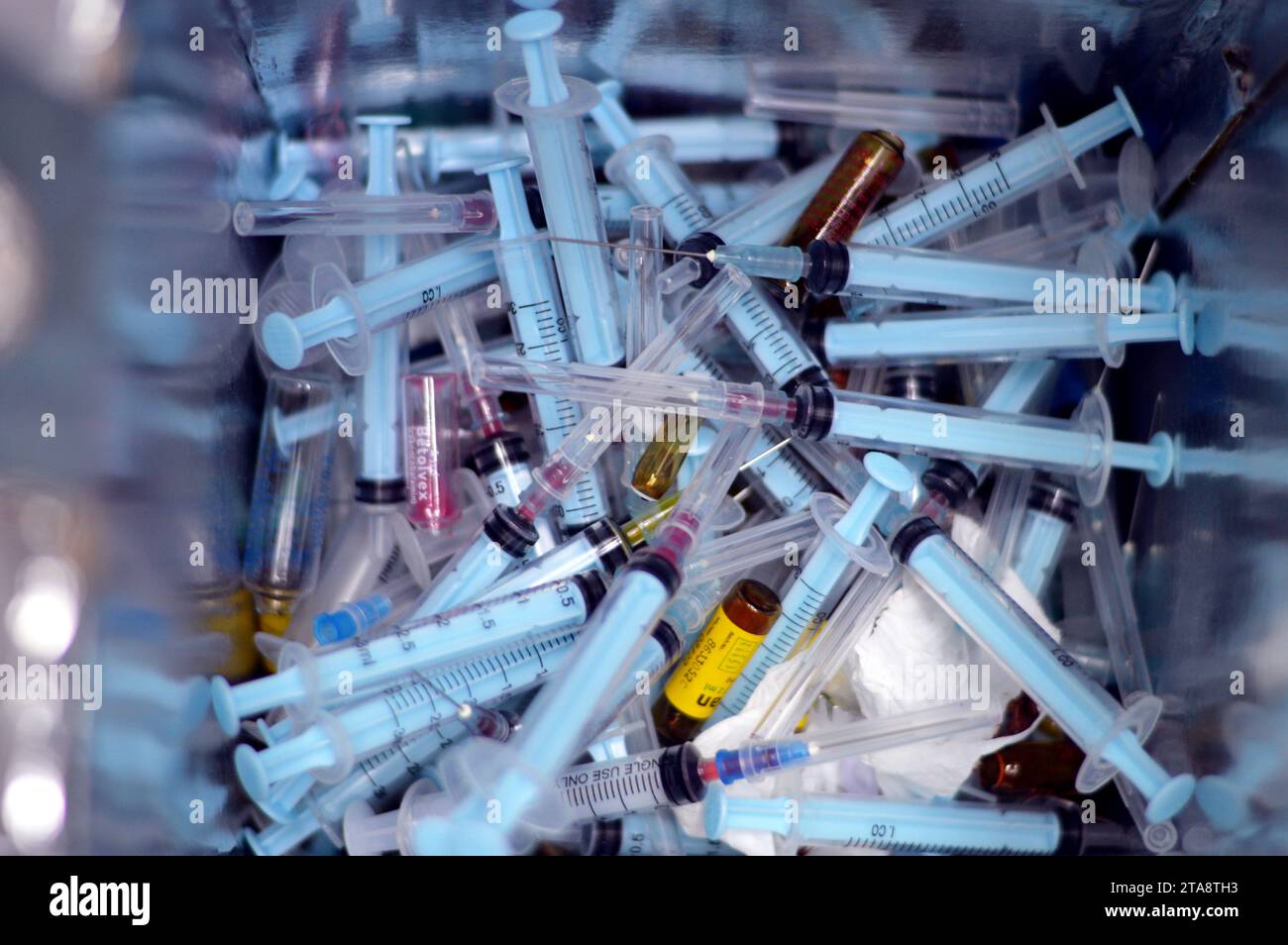 Cairo, Egypt, October 24 2023: medical waste of sharp needles, syringes ...