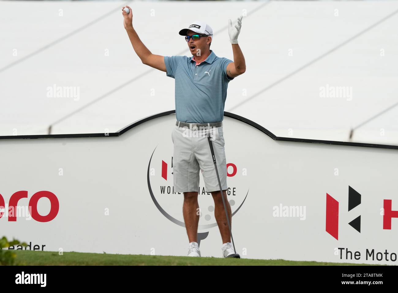 Rickie Fowler, of the United States, gestures at the fourth tee during ...