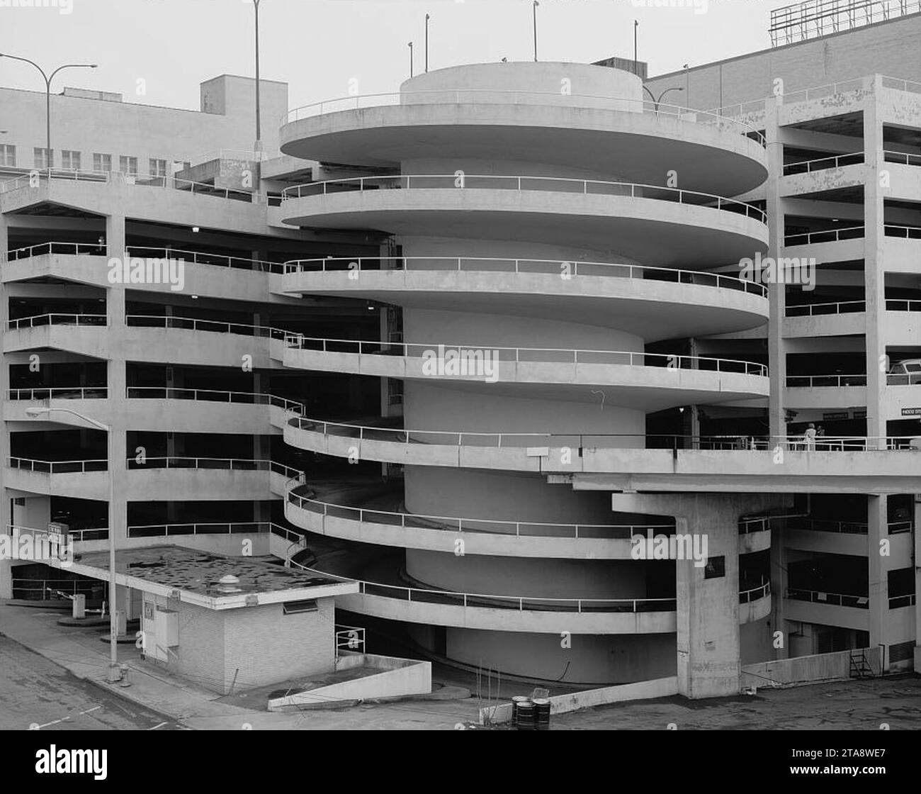 View of parking deck spiral exit ramp detail, from northwest looking ...