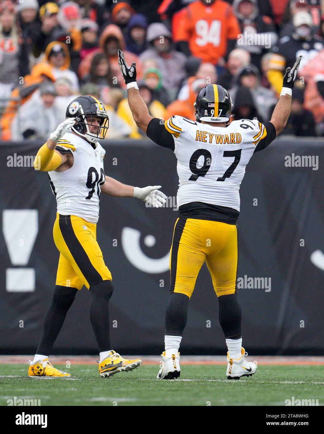 Pittsburgh Steelers' Cameron Heyward (97) and T.J. Watt (90) celebrate ...