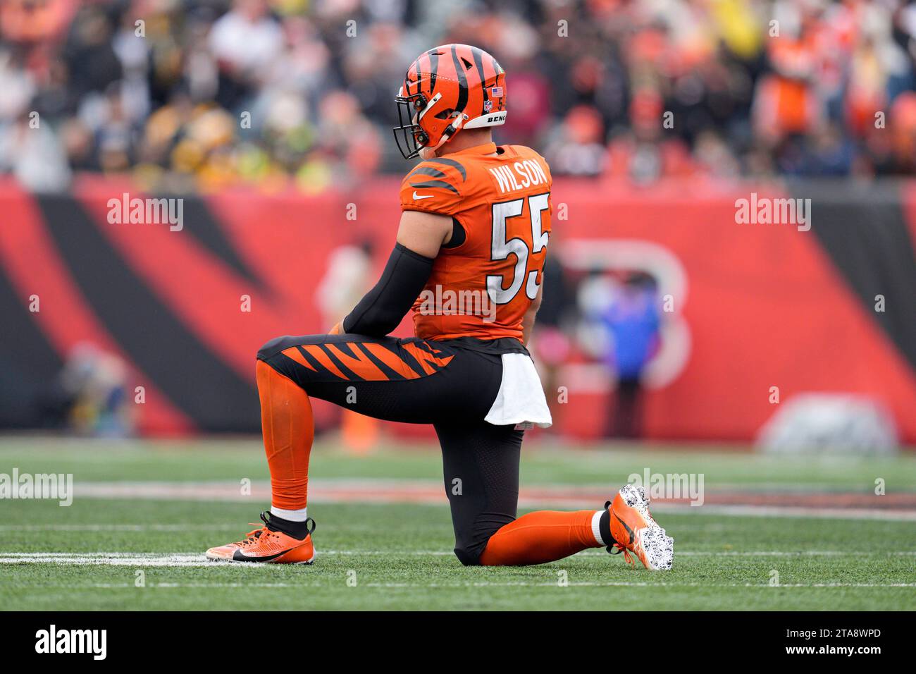 Cincinnati Bengals linebacker Logan Wilson (55) kneels during a NFL ...
