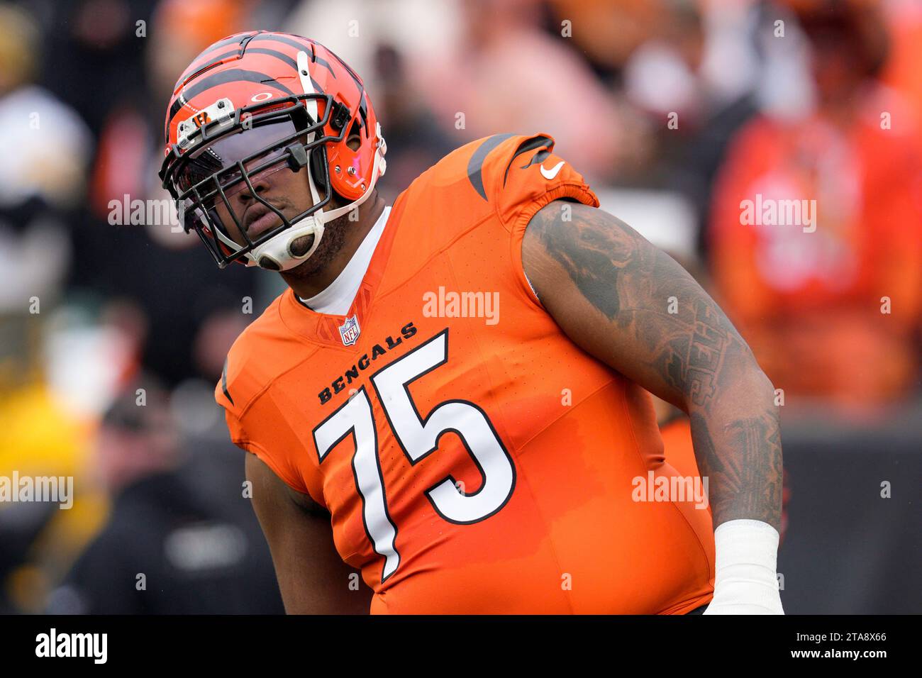 Cincinnati Bengals offensive tackle Orlando Brown Jr. (75) warms up ...