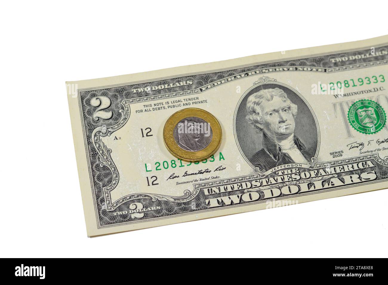 One Saudi Arabia riyal coin year 2016 on 2 American dollars USD paper ...