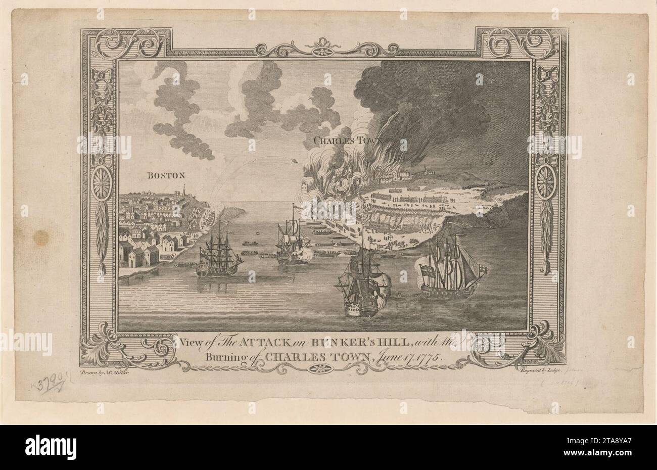 View of the attack on Bunker's Hill, with the burning of Charles Town ...