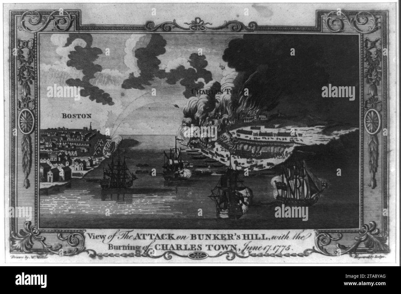 View of the attack on Bunker's Hill, with the burning of Charles Town ...