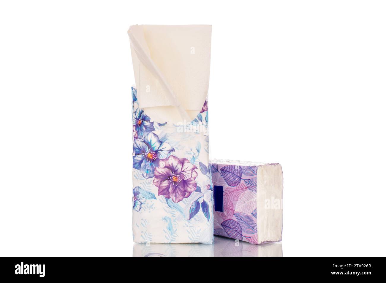 Two packs of paper handkerchiefs, close-up, isolated on white ...