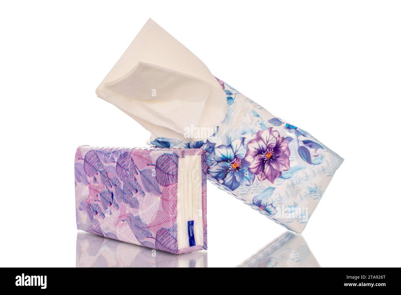 Two packs of paper handkerchiefs, close-up, isolated on white ...