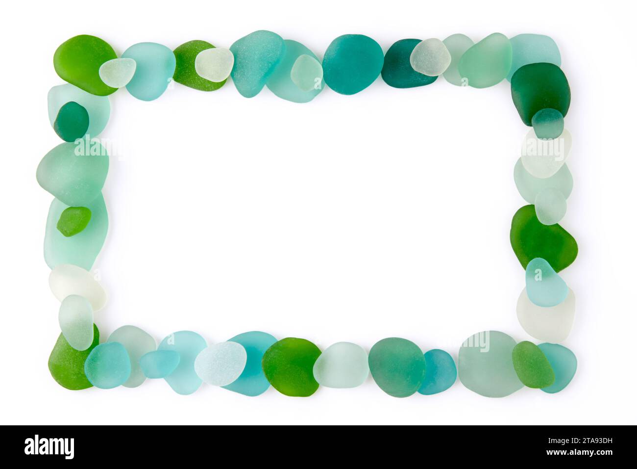 Rectangular frame laid out from blue and green glass sea pebbles and ...