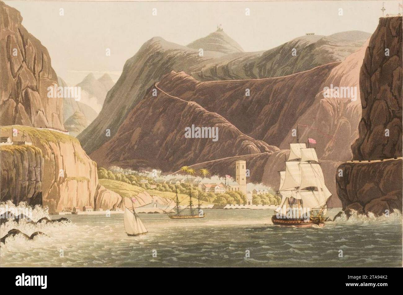 Views of St Helena 2. The Roads, St Helena. Coloured aquatint plate by ...