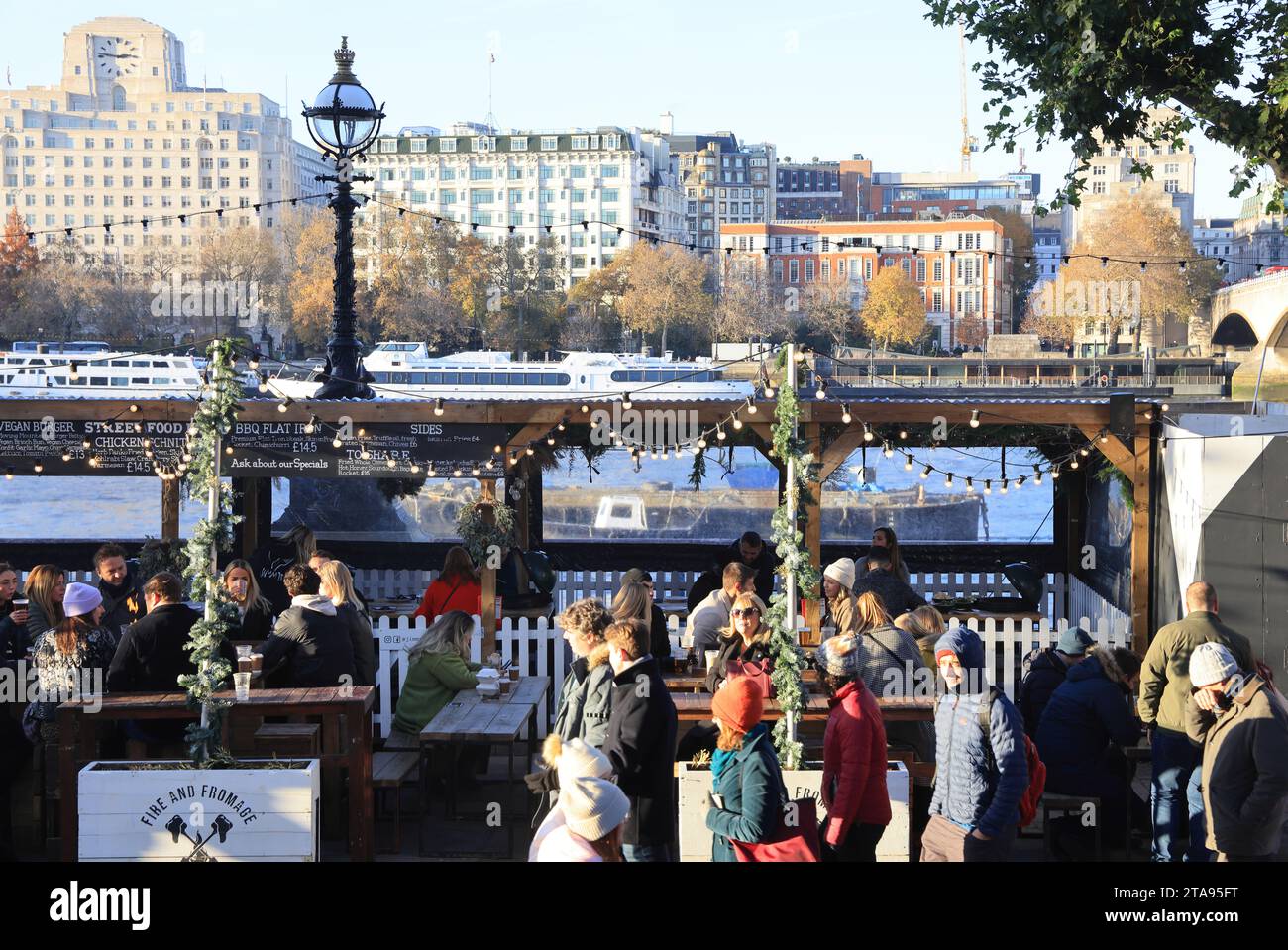 Winter restaurants & bars on the banks of River Thames in 2023, on the Southbank, in London, UK ...