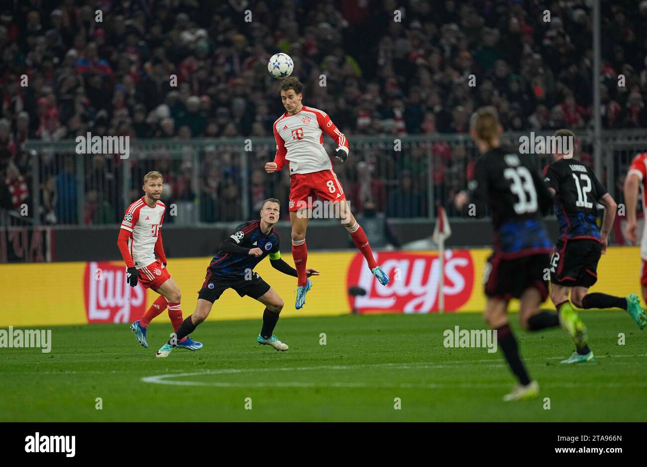 November 29 2023: Leon Goretzka (FC Bayern MÃ¼nchen) heads during a ...