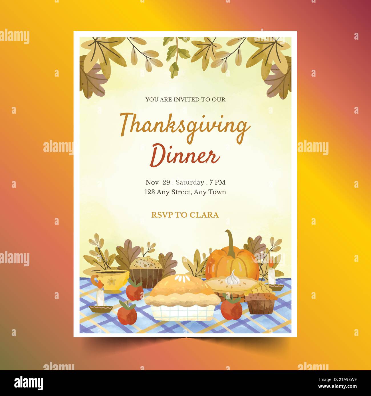 watercolor thanksgiving dinner invitation design vector illustration ...