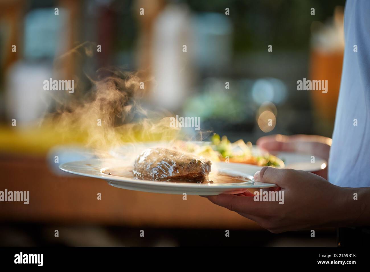 Serving food at the Garden Party. Two plates in hand, with steak and ...