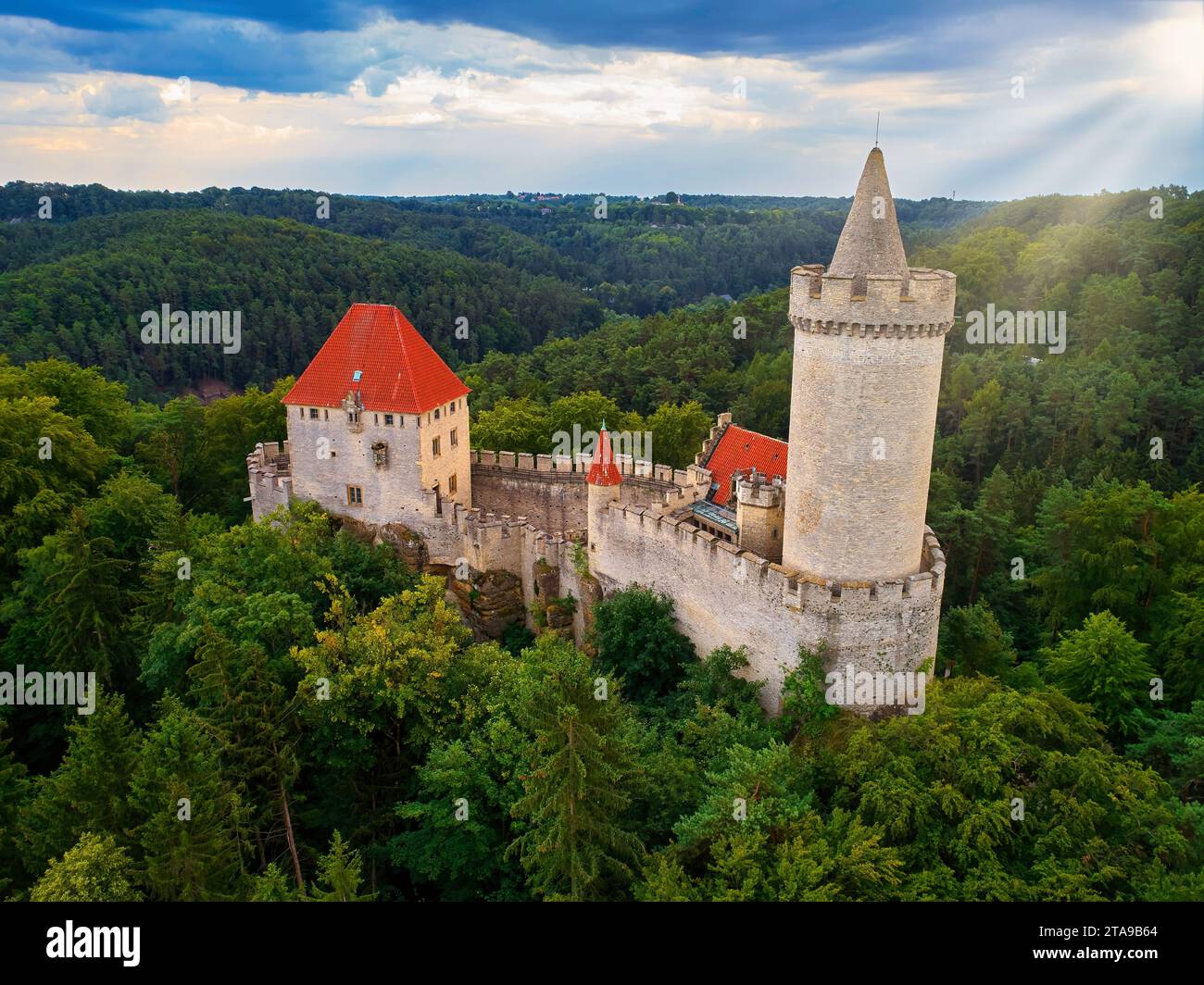 Aerial view of a medieval castle, Kokorin. Fortified palace with a ...