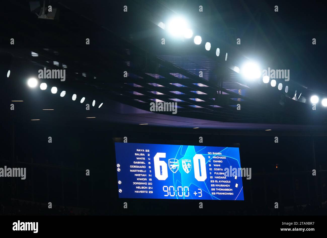 A view of the scoreboard reading 6-0 to Arsenal during the UEFA ...