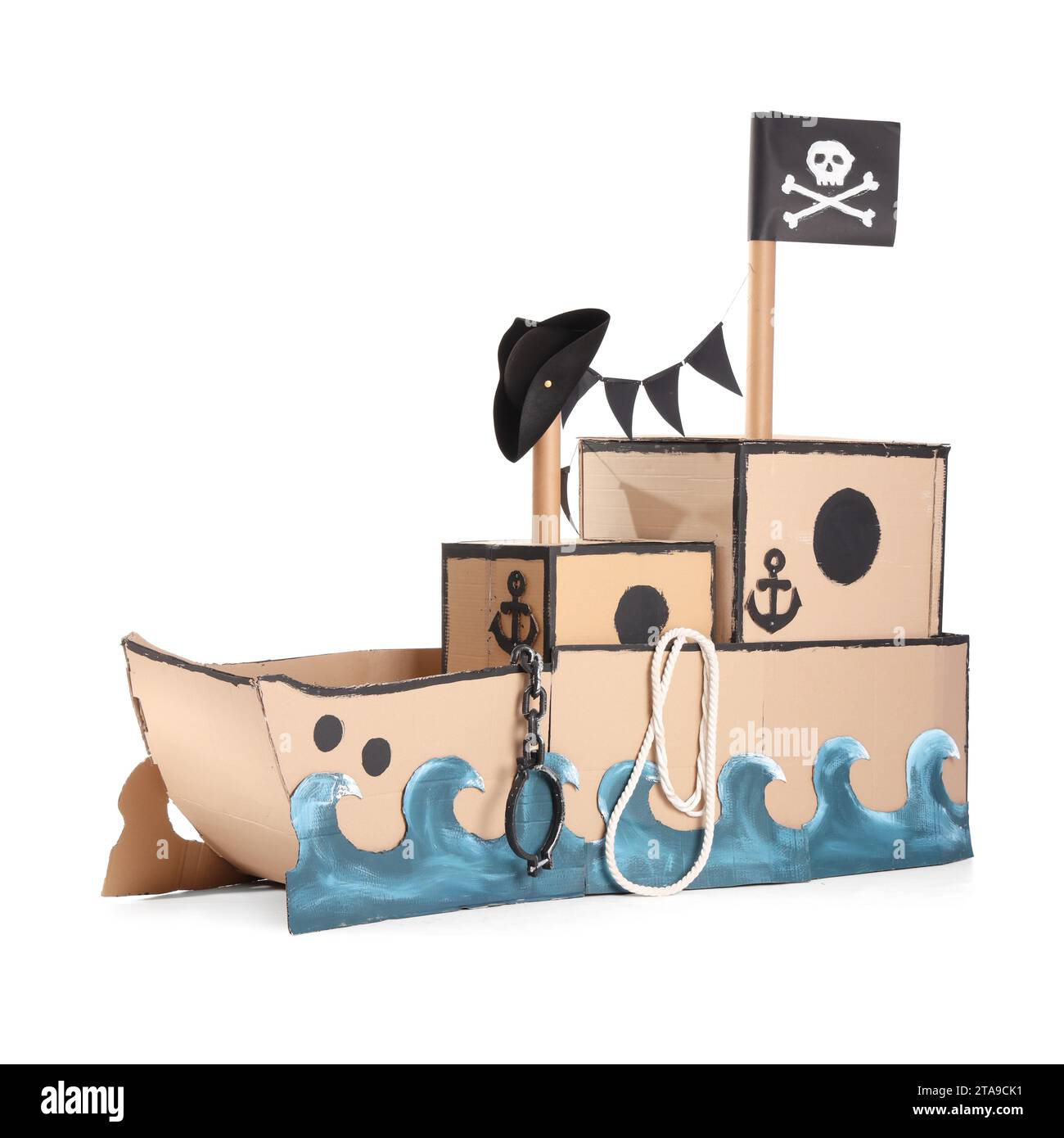 Pirate cardboard ship on white background Stock Photo - Alamy