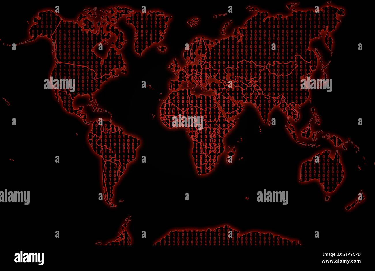 Black world map against a red binary code background Stock Photo - Alamy