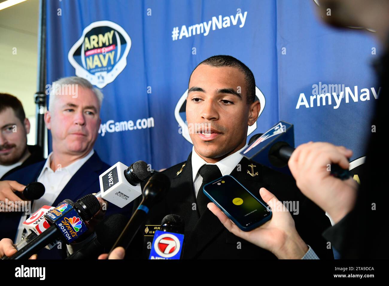 November 29, 2023; Navy Academy quarterback Xavier Arline addresses the ...