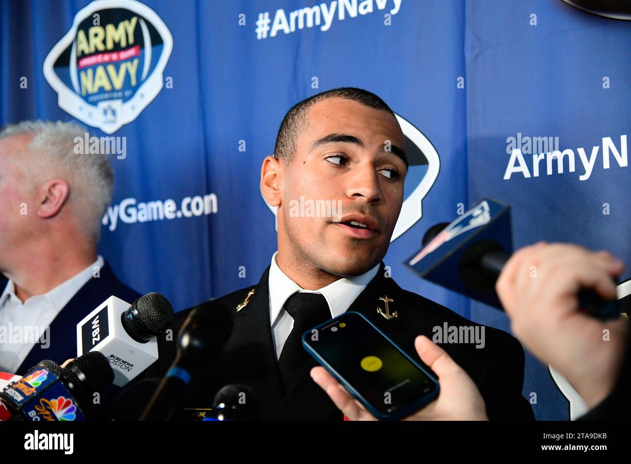 November 29, 2023; Navy Academy quarterback Xavier Arline addresses the media at a press ...