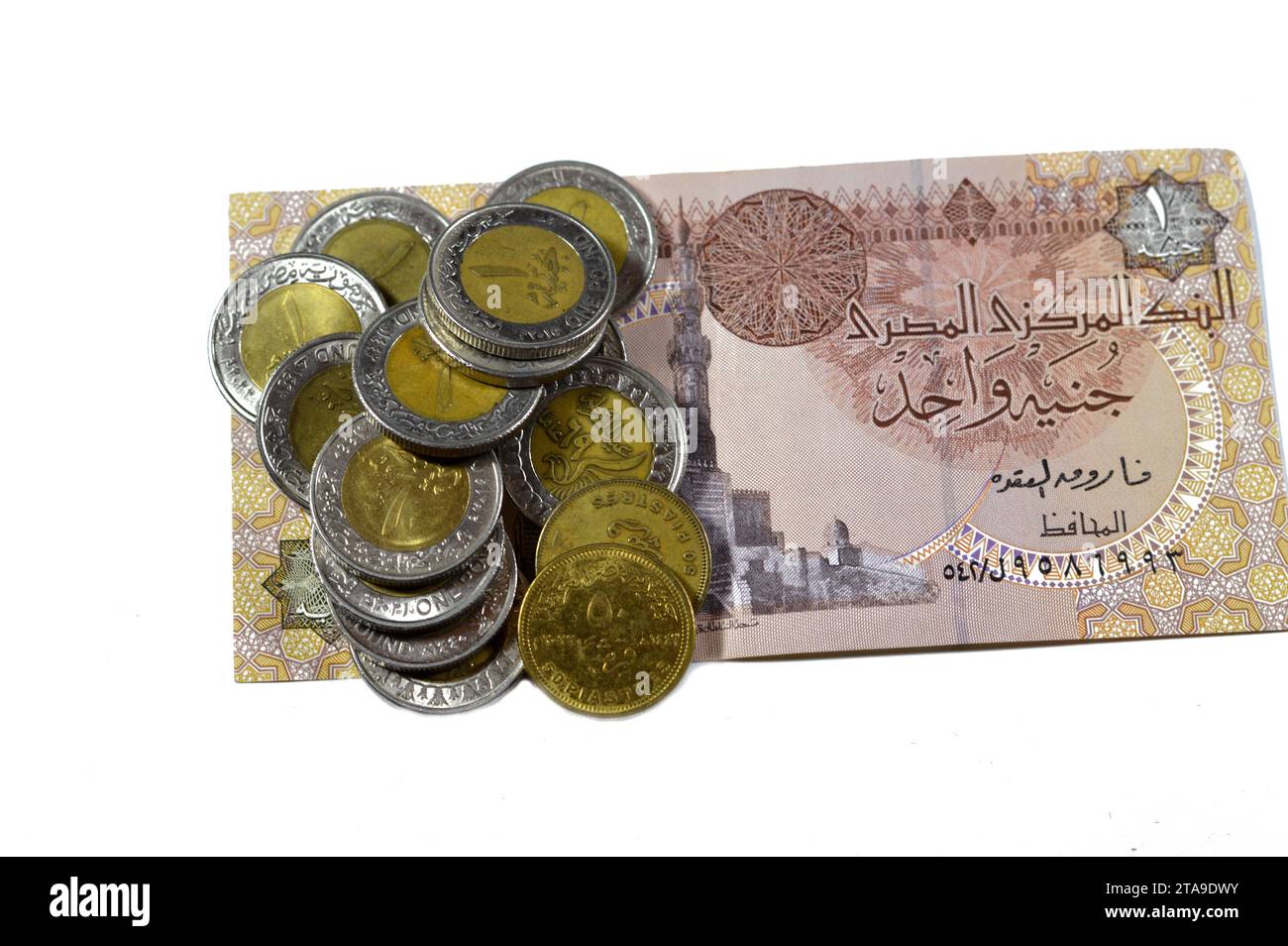 Stacks of 1 LE EGP one Egyptian pound coins cash and 50 fifty Egyptian ...