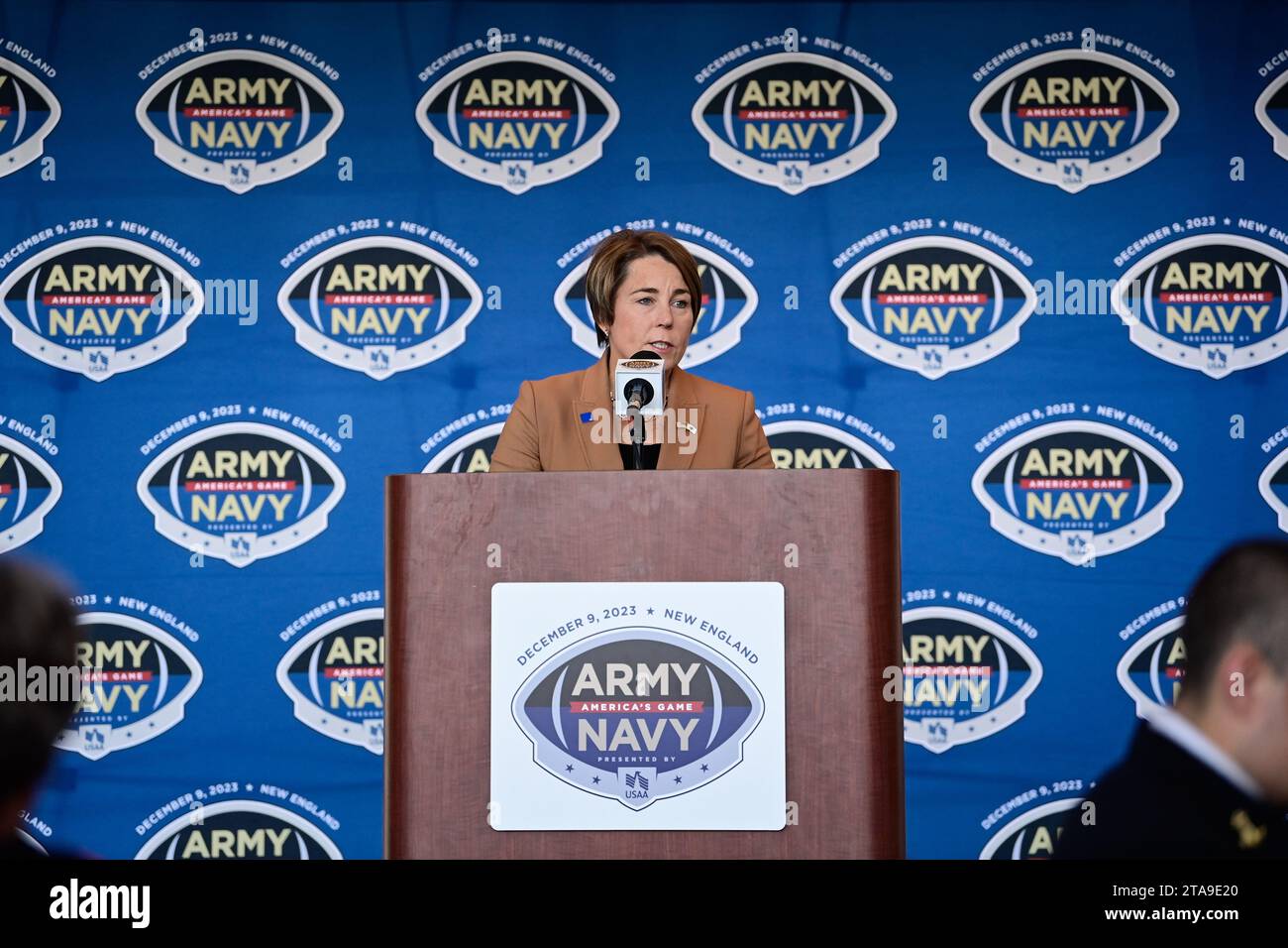 November 29, 2023; Massachusetts Governor Maura Healey speaks to the ...