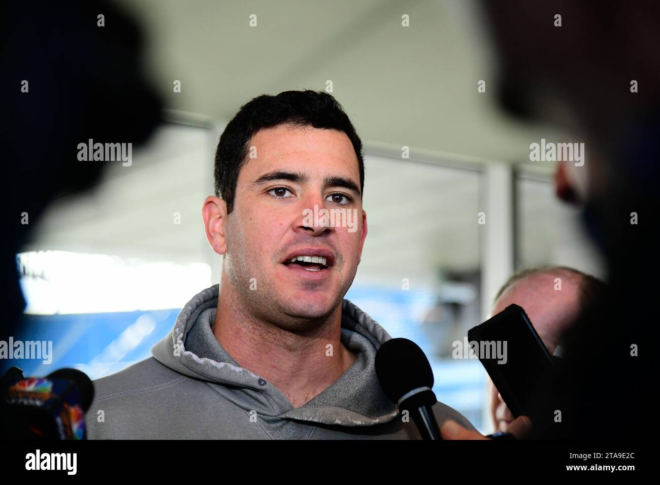 November 29, 2023; New England Patriots long snapper Joe Cardona speaks ...