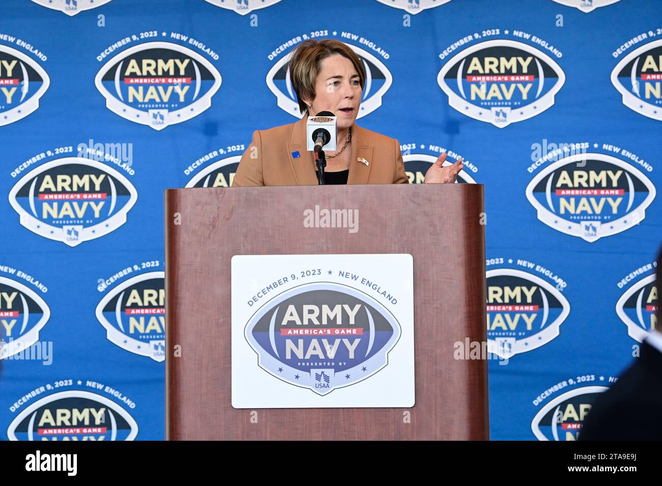 November 29, 2023; Massachusetts Governor Maura Healey speaks to the ...