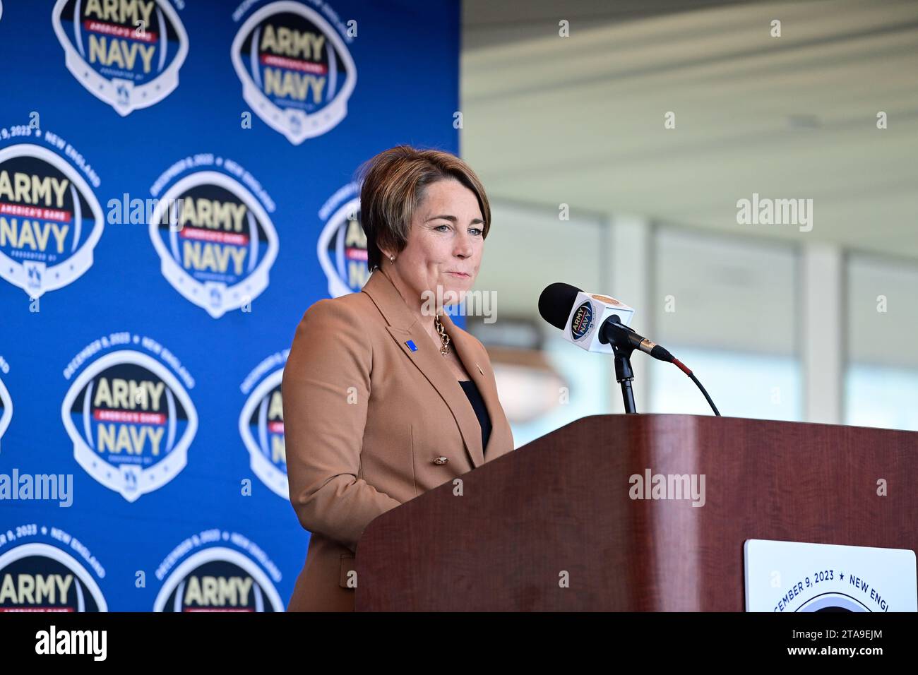 November 29, 2023; Massachusetts Governor Maura Healey speaks to the ...