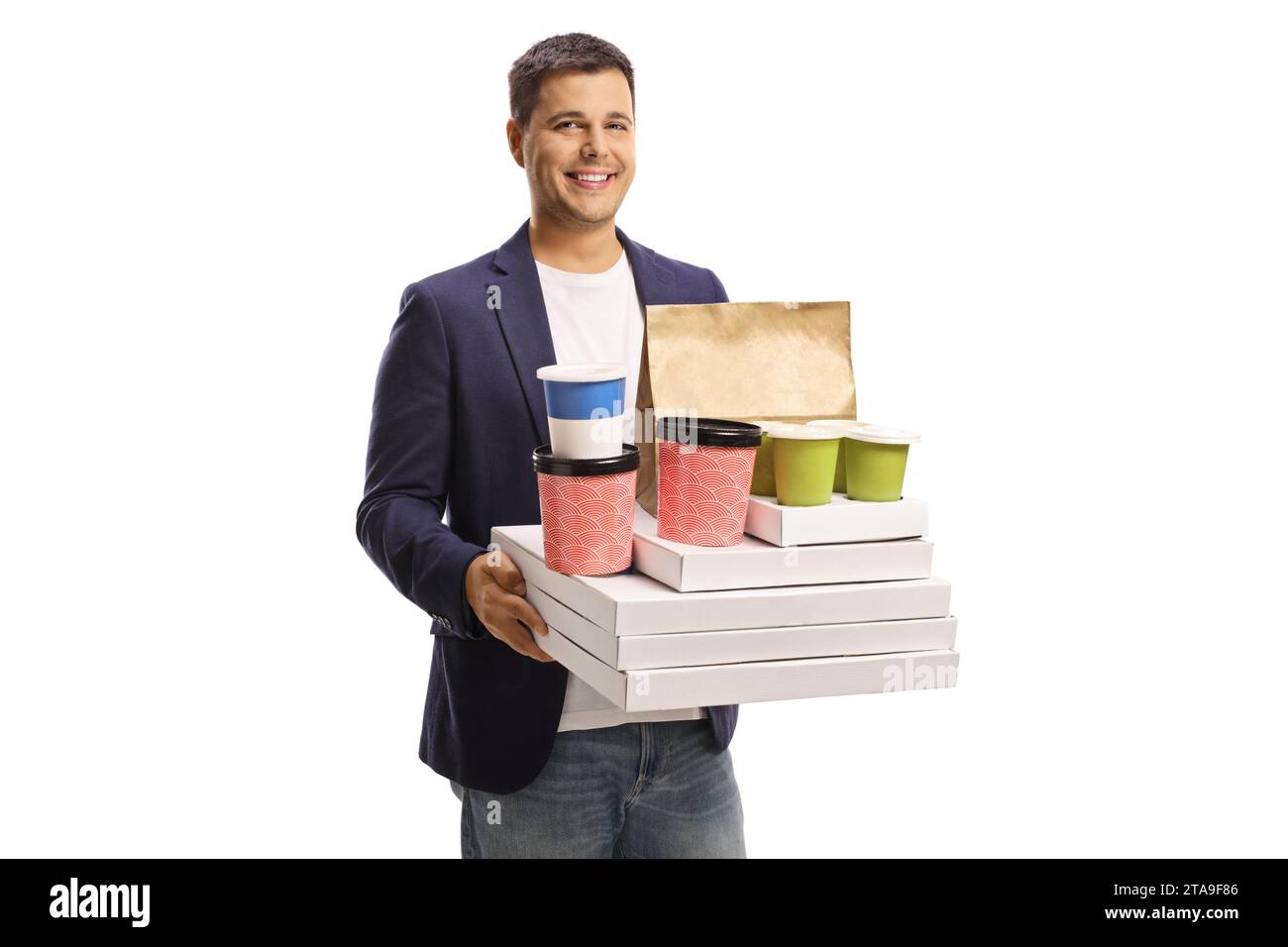Young man holding boxes with takeaway food isolated on white background ...