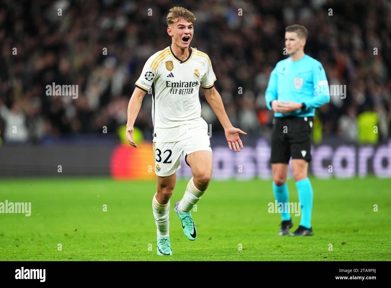 Madrid, Spain. 29th Nov, 2023. Nico Paz of Real Madrid celebrates his ...