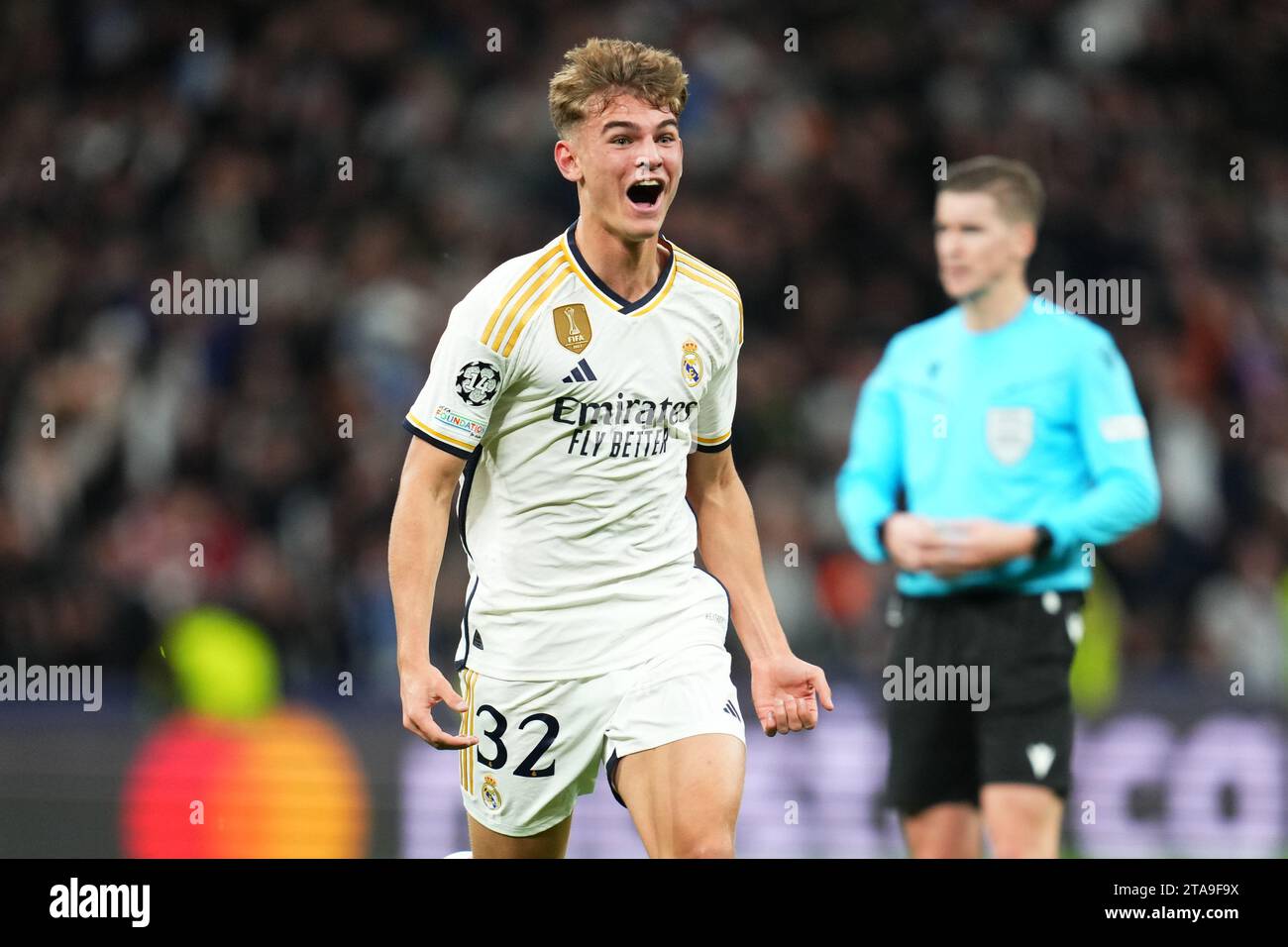 Madrid, Spain. 29th Nov, 2023. Nico Paz of Real Madrid celebrates his ...