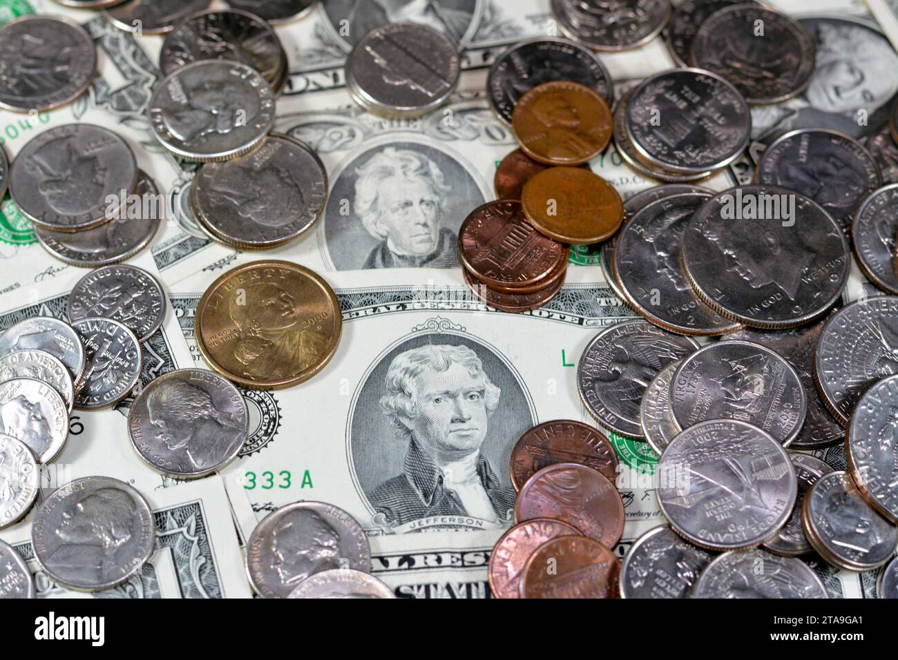 American USD old money dollars banknote bills and coins, vintage retro ...