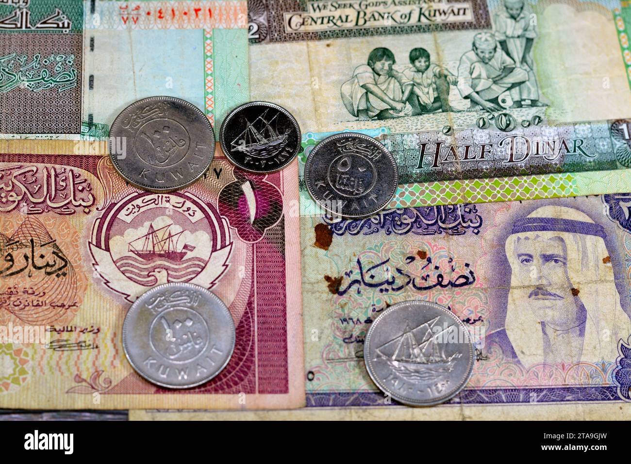 Kuwaiti money background of old coins and banknotes of Dinars of ...