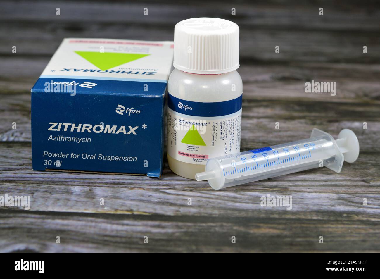 Cairo, Egypt, October 8 2023: Zithromax Azithromycin suspension powder ...