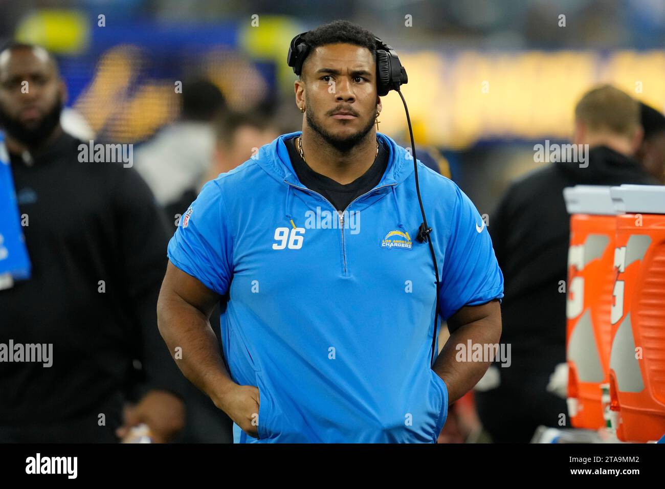 Los Angeles Chargers defensive lineman Christian Covington stands on ...