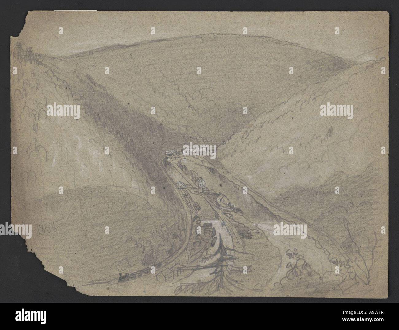 Village in mountain gap, train running on tracks on the left, buildings ...