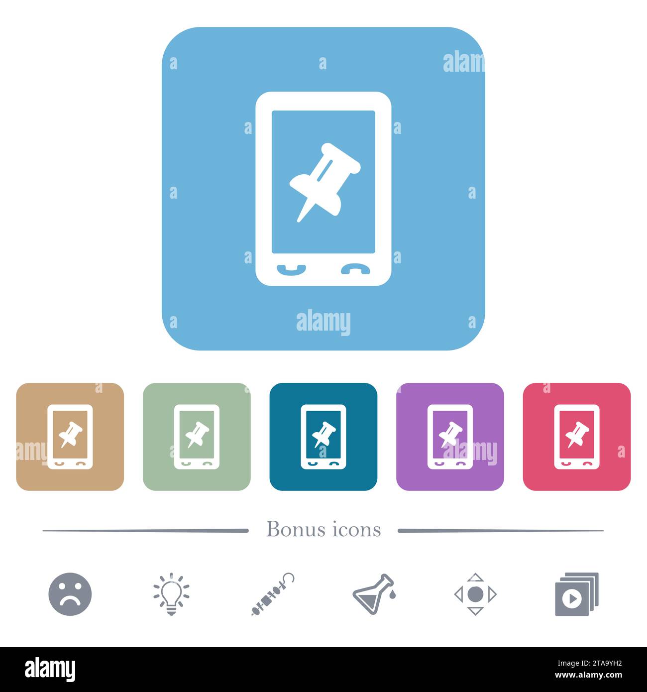 Mobile pin data white flat icons on color rounded square backgrounds. 6 ...