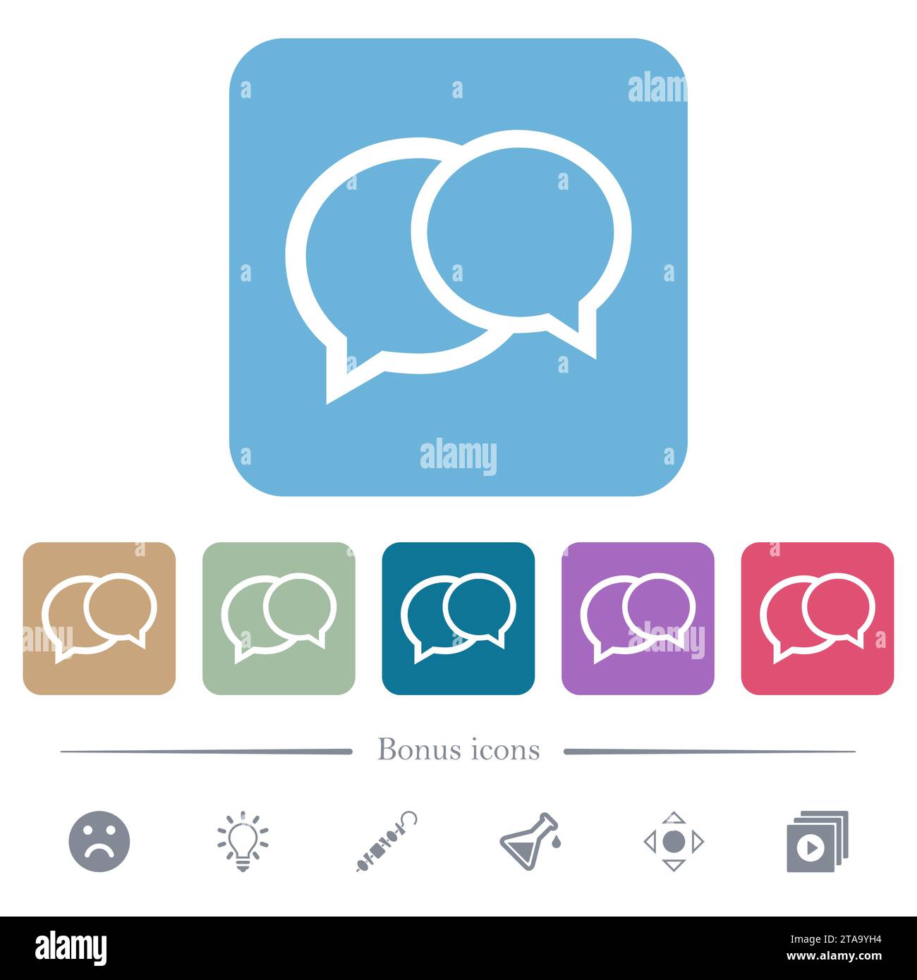 Two oval chat bubbles outline white flat icons on color rounded square ...