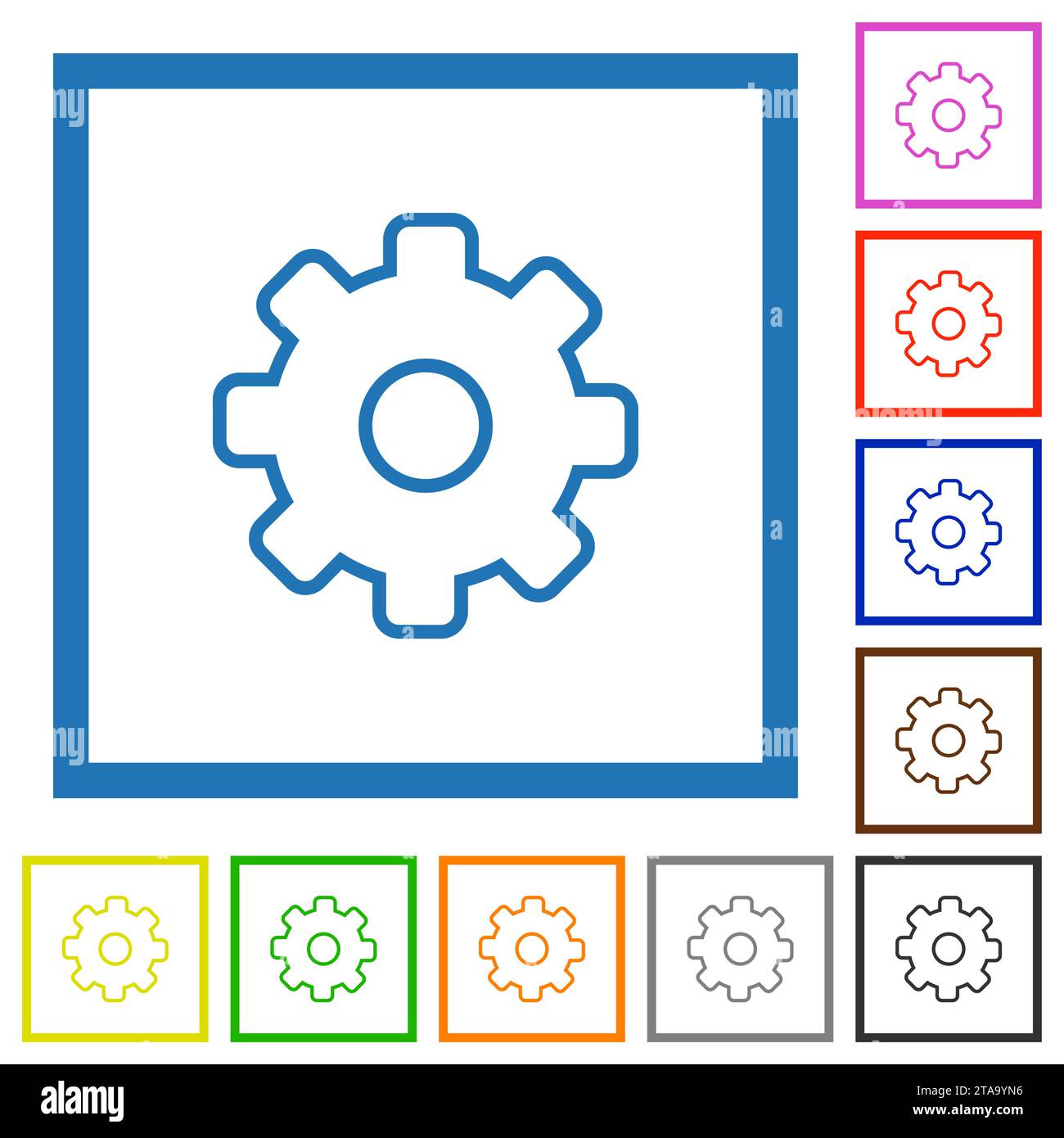 Settings outline flat color icons in square frames on white background ...