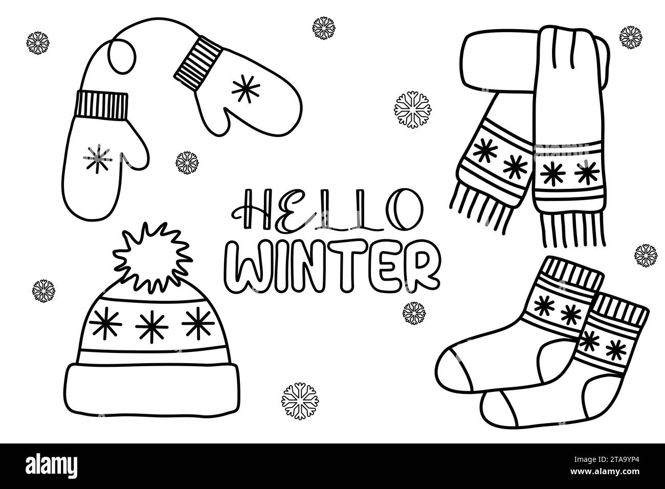 Warm winter accessory set mittens, hat, scarf and socks, doodle style ...