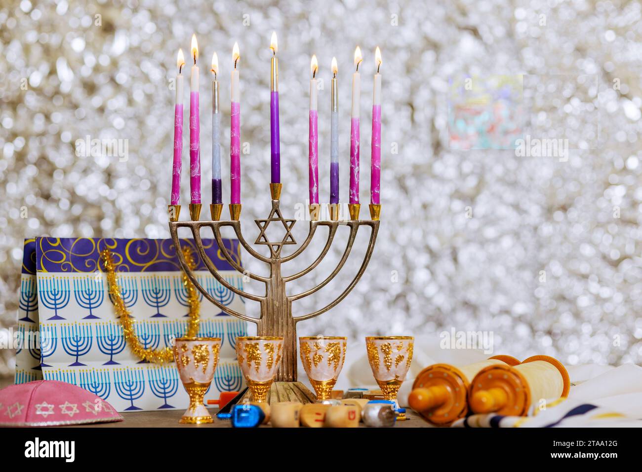 Hanukkiah Menorah candle lights during traditional celebration Hanukkah ...